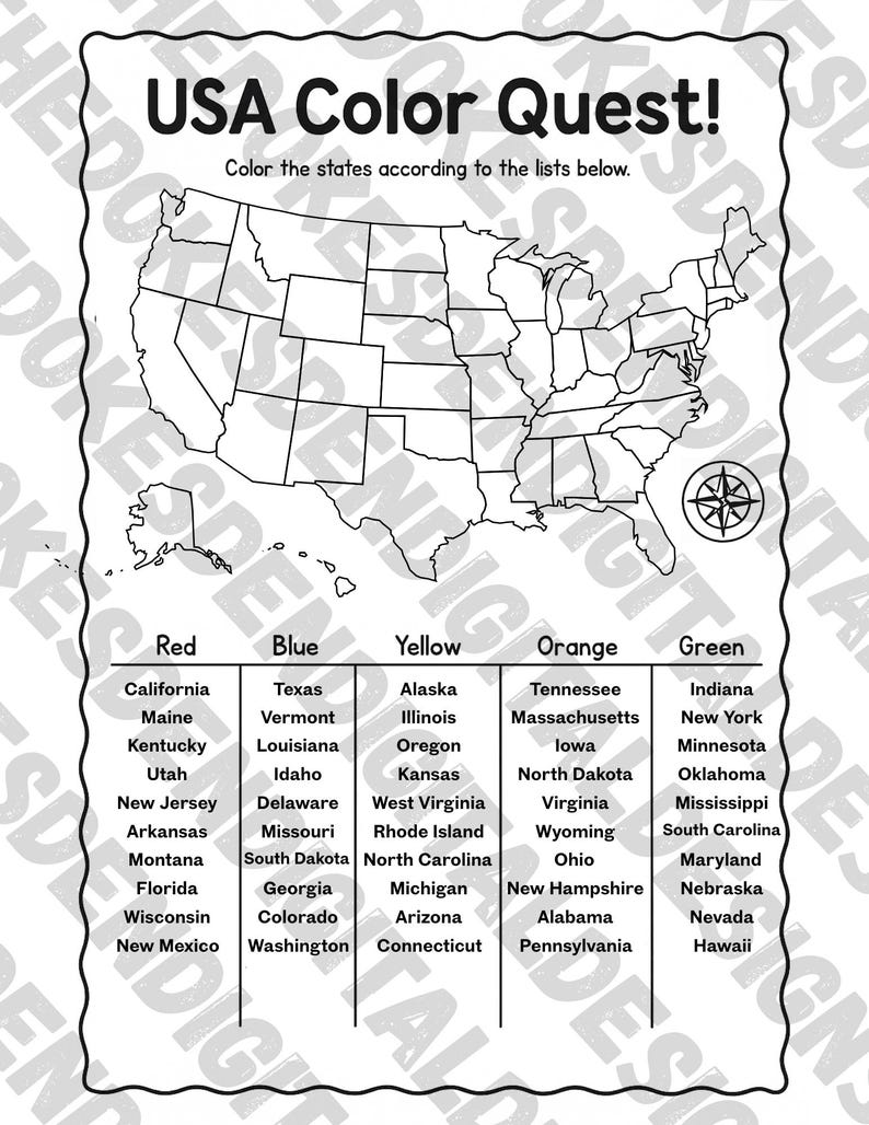 USA Color Quest Printable Worksheet | Fun State Coloring Activity for ...