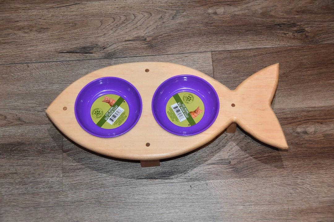 Handmade Wood Raised Fish-shaped Cat Bowl Holders With Bowls - Etsy