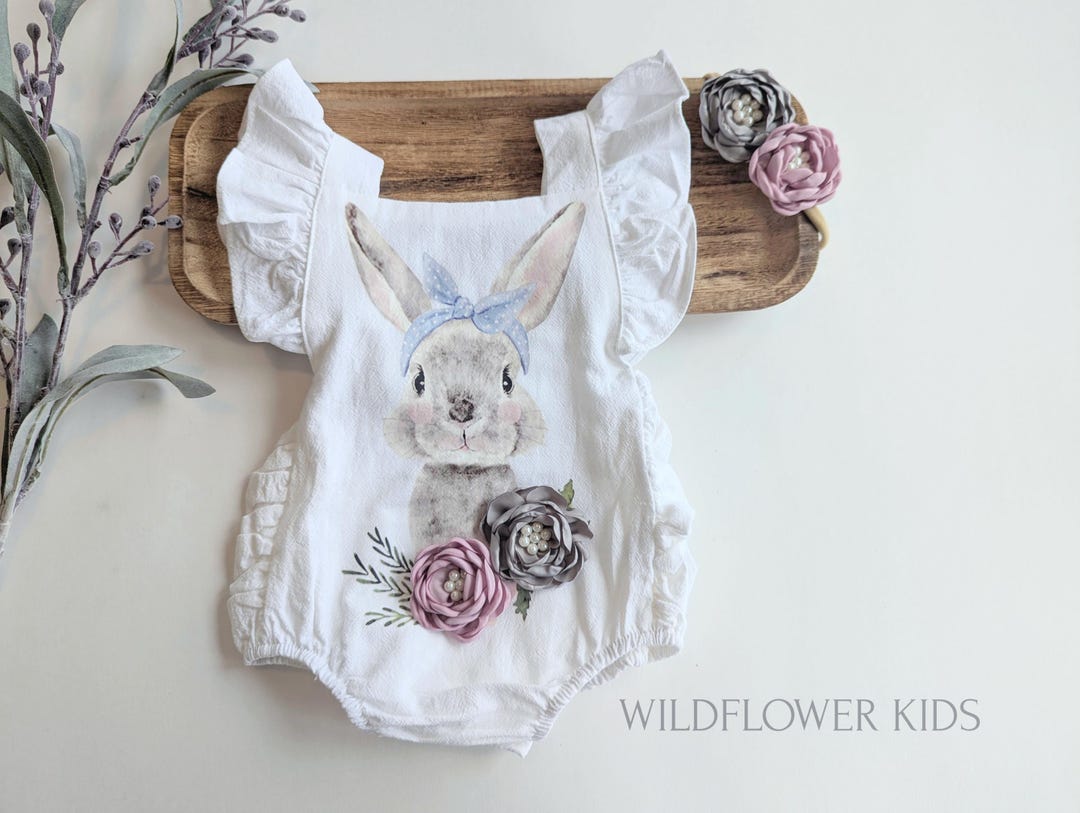 Girls Cotton Easter Romper, Bunny and Flower Detail White Romper - Etsy