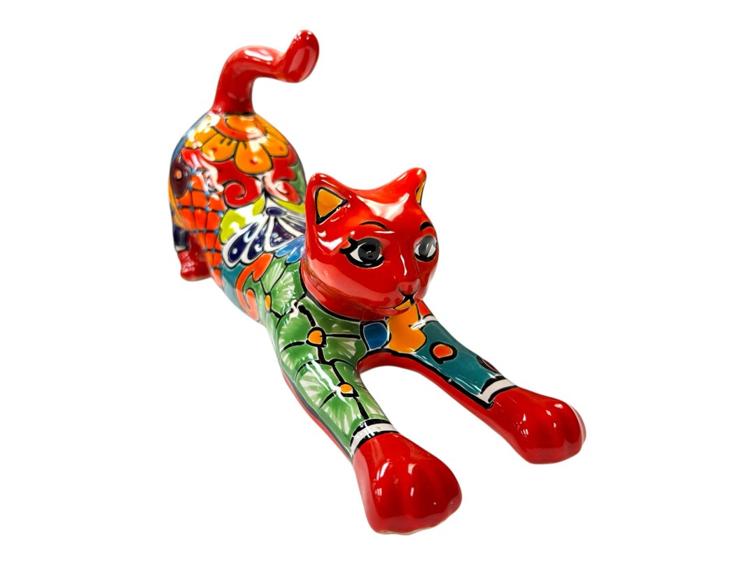 Talavera Cat Stretching Cute Mexican Pottery Folk Art Handmade Hand ...