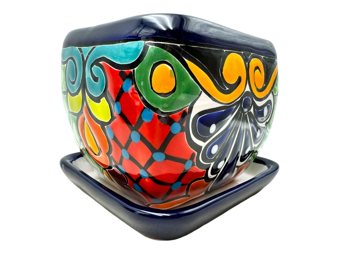 Talavera Square Tapered Planter W/saucer Pot Mexican Pottery Folk Art ...
