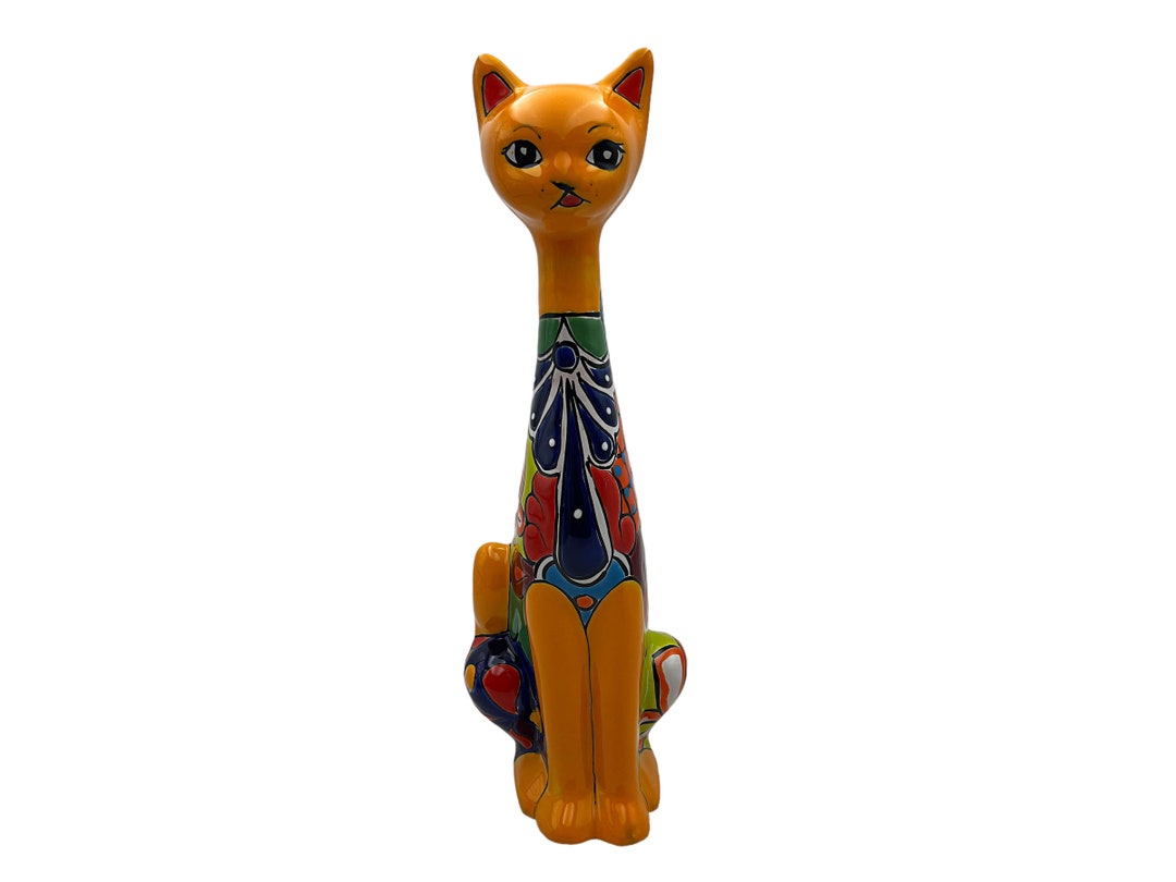 Talavera Cat Sculpture Long Neck Folk Art Hand Painted Home - Etsy