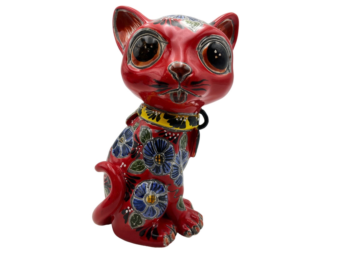 Talavera Sitting Big Eye Cat Sculpture Folk Art Hand Painted Home Decor ...