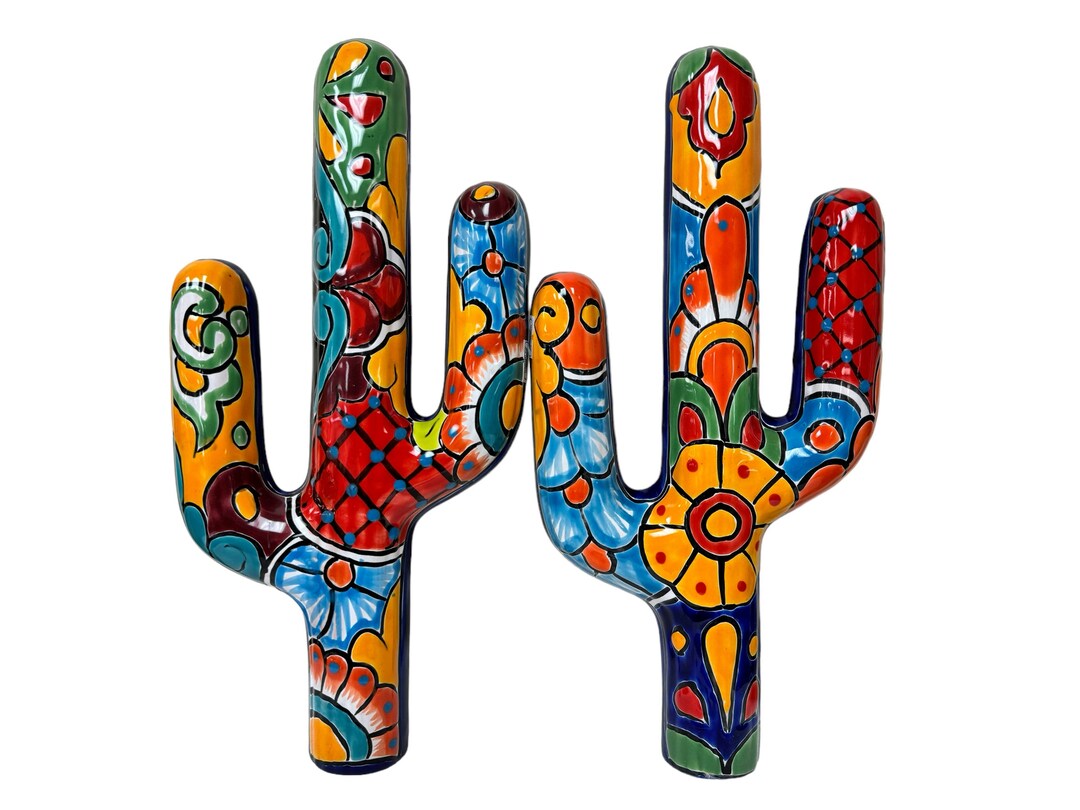 Talavera Wall Cactus 2 Folk Art Wall Art Hand Painted Handmade Mexican ...
