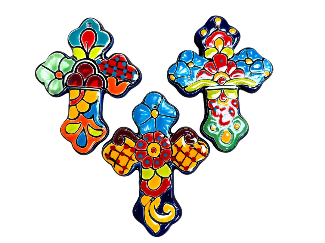 Talavera Cross (3) Curved Edge Mexican Pottery Folk Art Home Decor ...