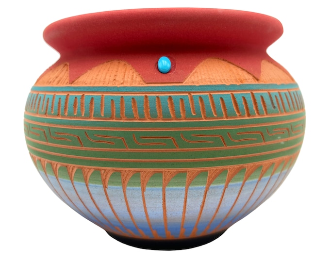 Native American Pottery W/turquoise Vase Navajo Handmade Hand - Etsy