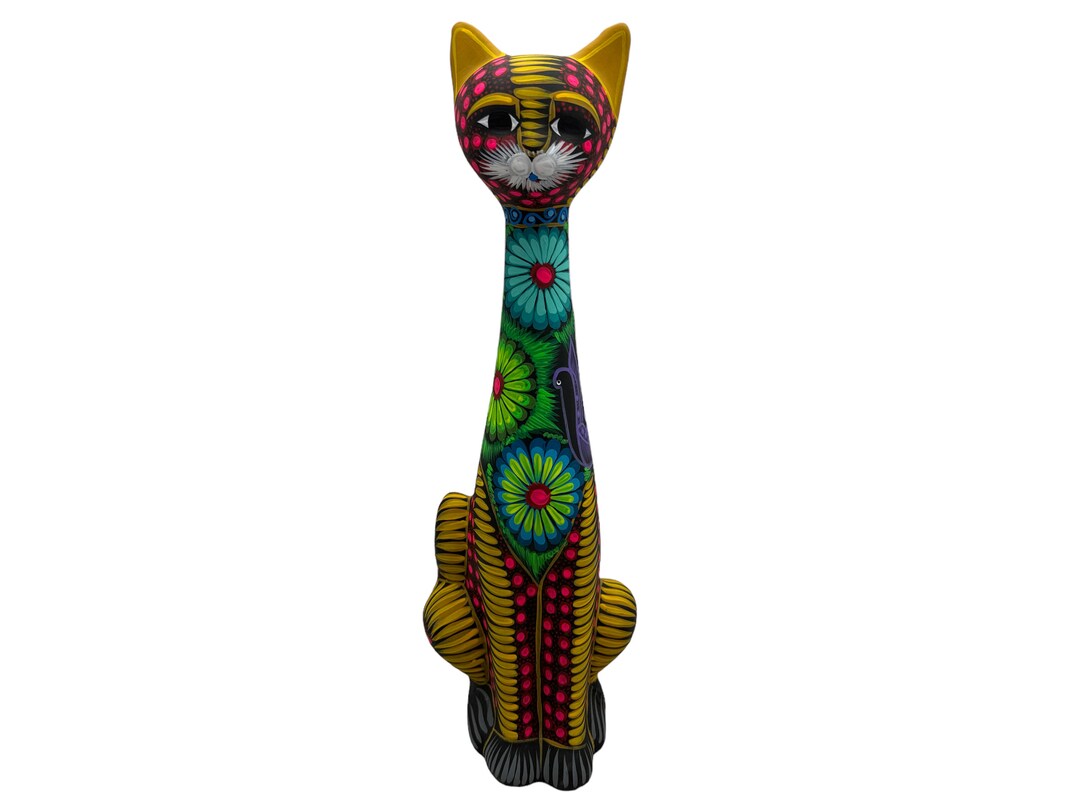 Talavera Cat Sculpture Long Neck Folk Art Hand Painted Home - Etsy