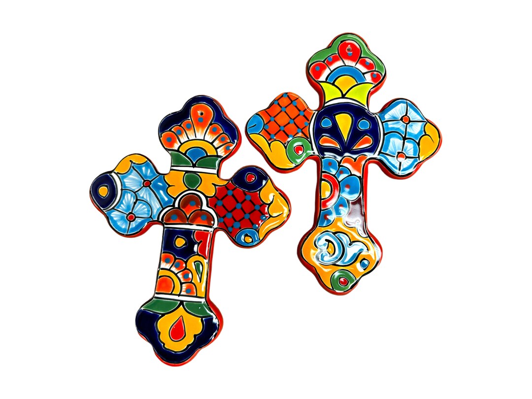 Talavera Cross (2) Curved Edge Mexican Pottery Folk Art Home Decor ...