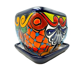 Talavera Square Tapered Planter W/saucer Pot Mexican Pottery Folk Art ...
