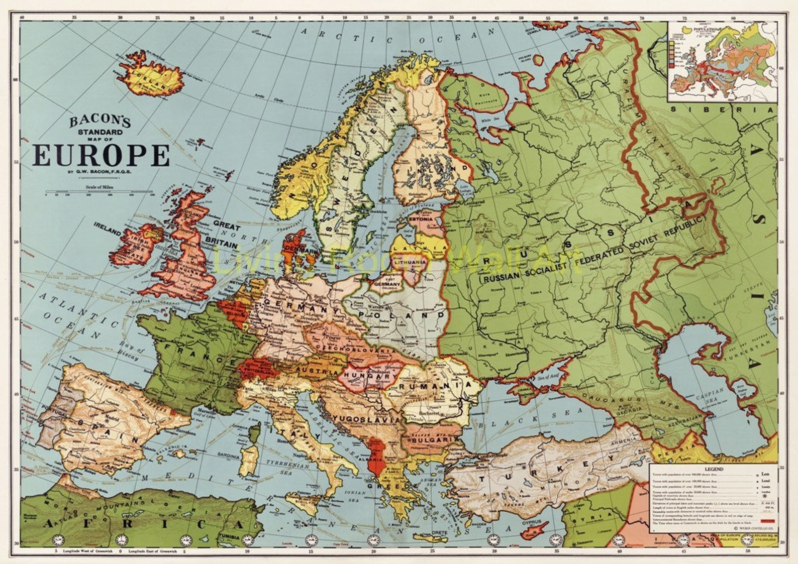 Old Large Europe Map 1925 Digital Poster , School Wall Art Decor, Old ...