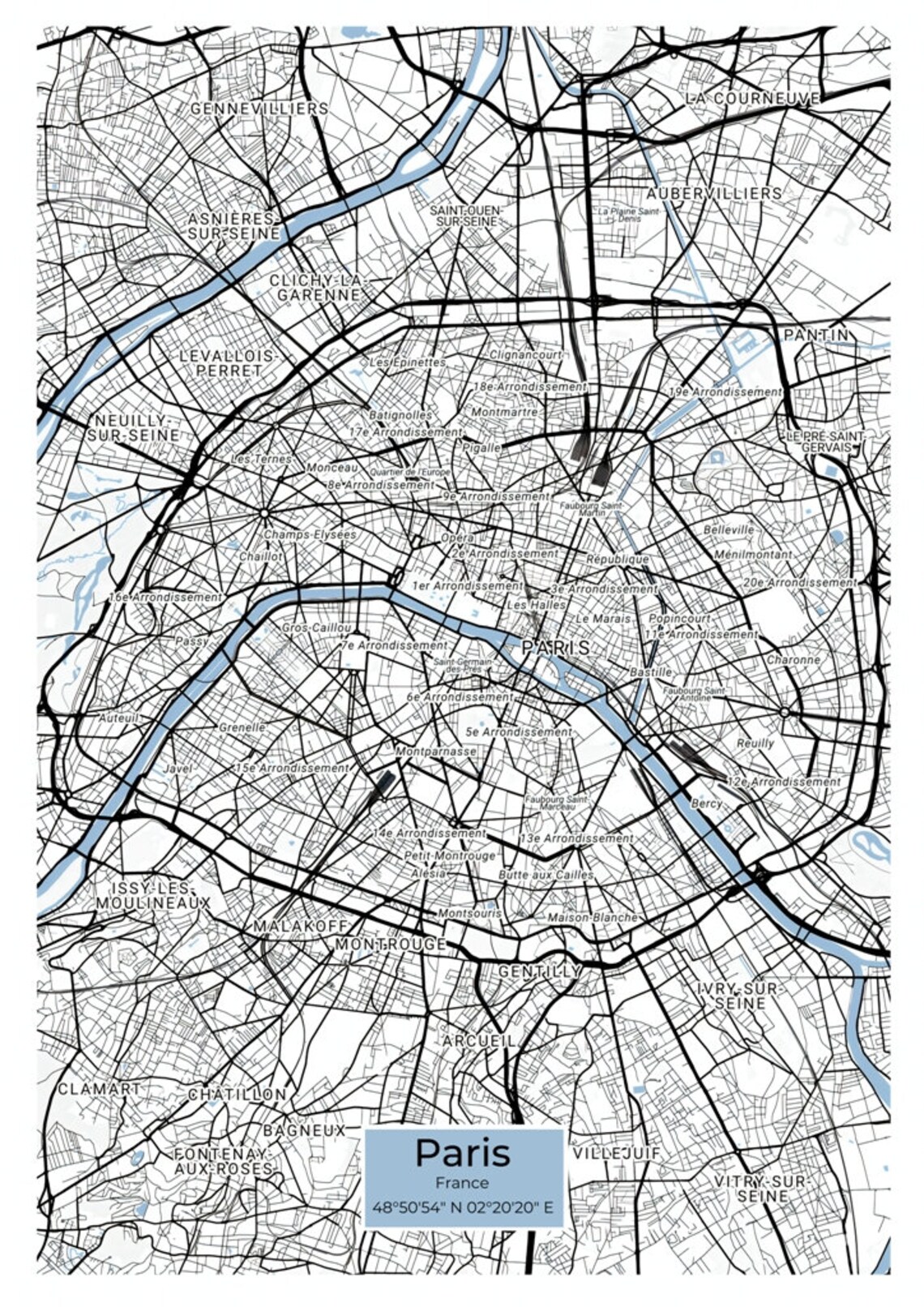 Paris City Map A2 Size Poster | Paris Map Print Poster Canvas | France ...