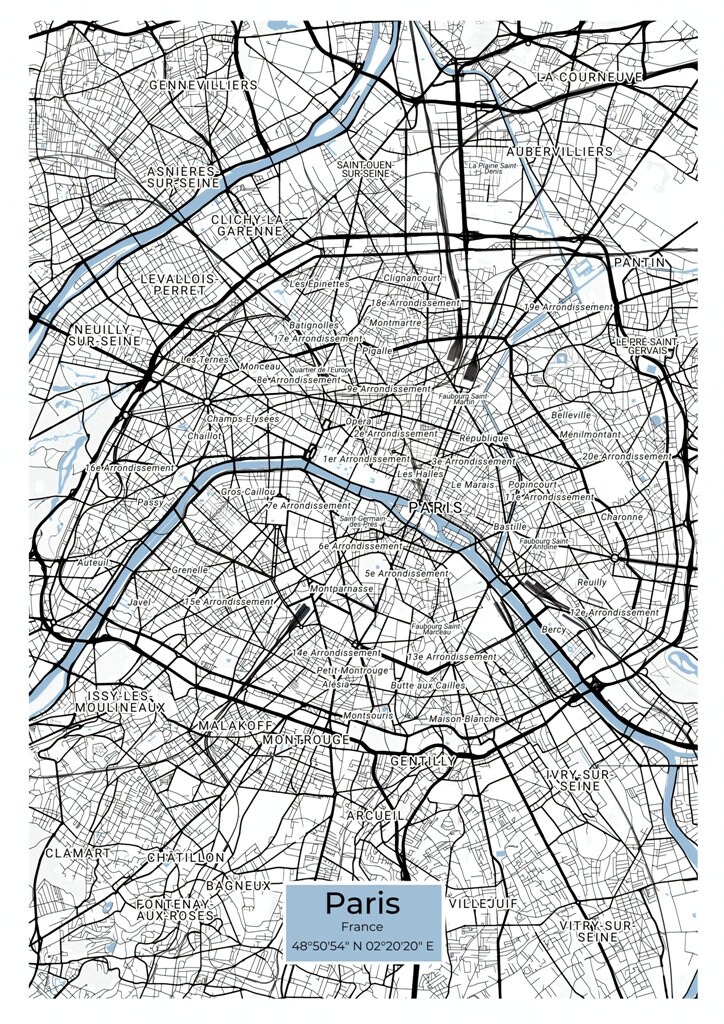 Paris City Map A2 Size Poster | Paris Map Print Poster Canvas | France ...