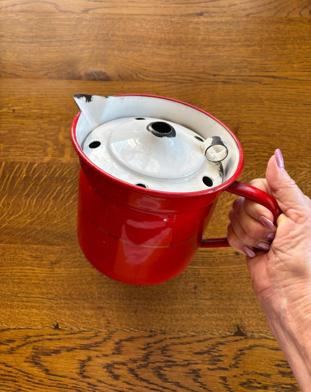 Vintage Red Enamel Boiler Pot - Vintage French Enamel Steamer - Retro ...