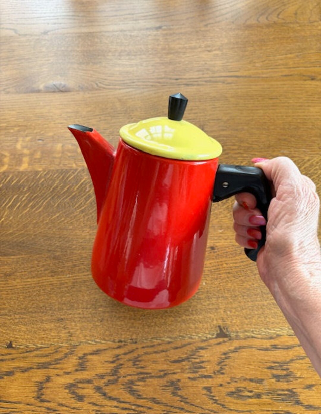 Vintage Enamelware Coffee Pot - Red & Yellow Enamel Pot - Vintage ...