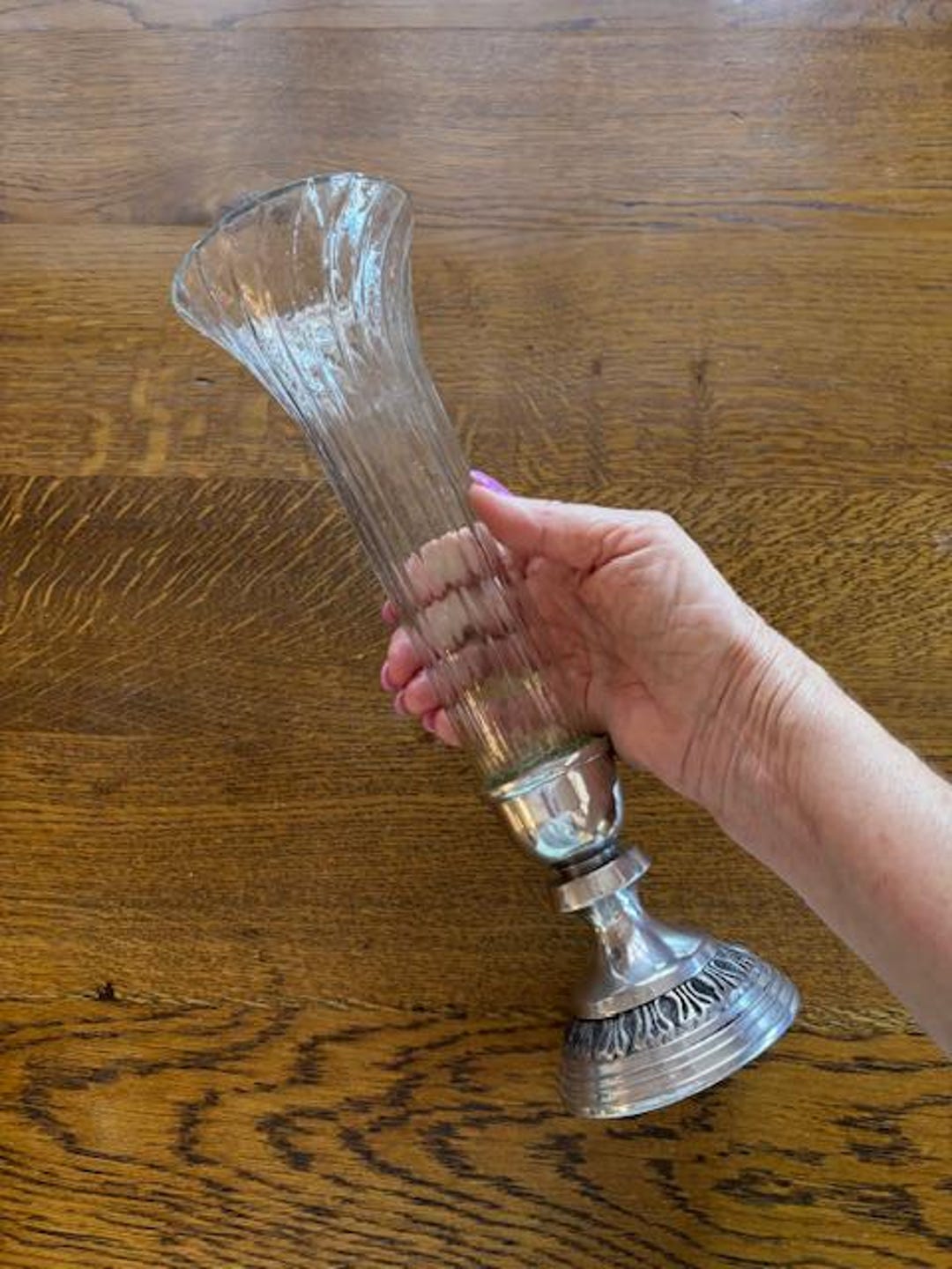 Vintage Pewter & Fluted Glass Vase - Tall Vintage Vase - Vintage Home ...