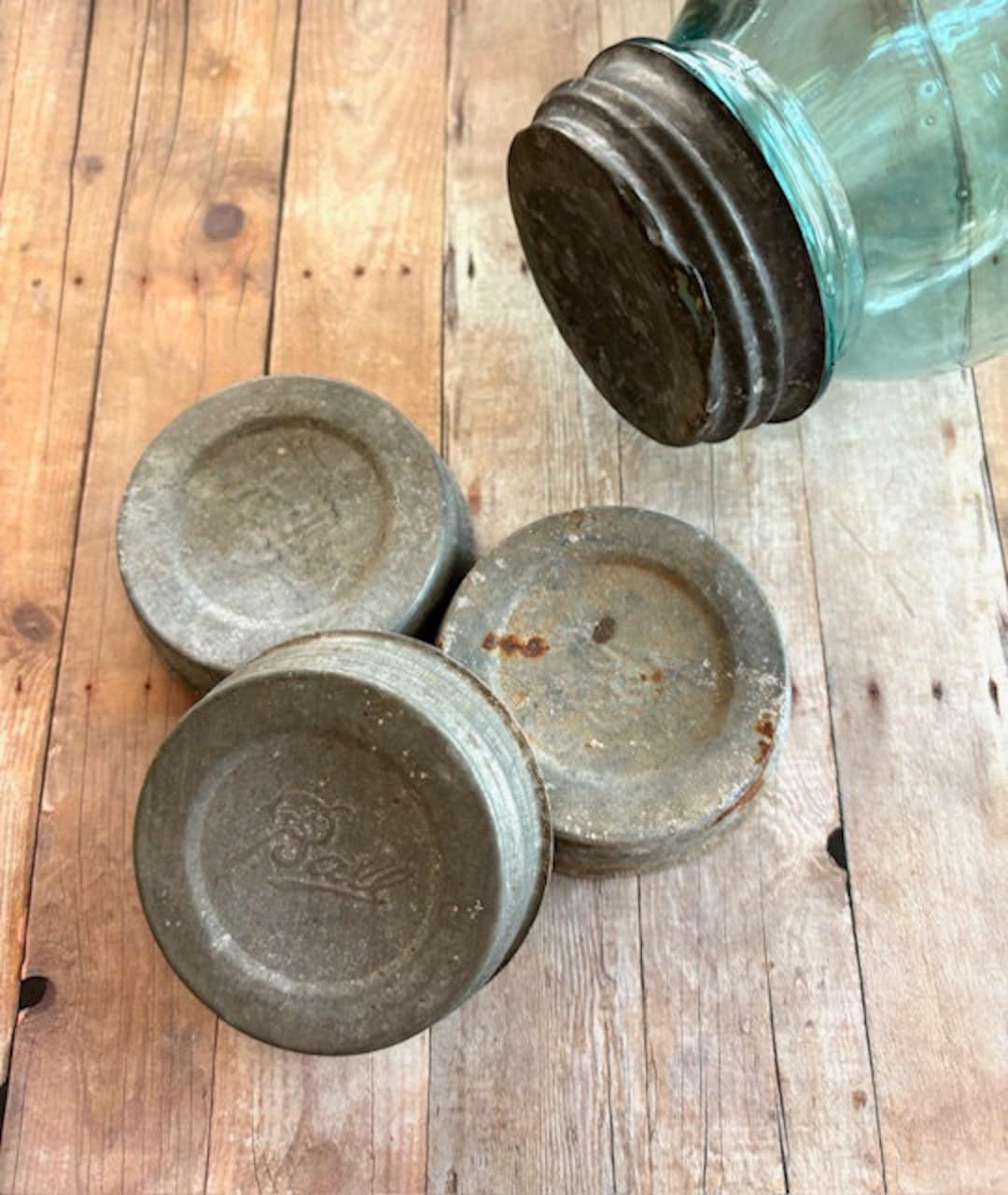 Vintage Zinc Mason Jar Lids 3 Vintage Zinc Jar Lids With Milk Glass ...
