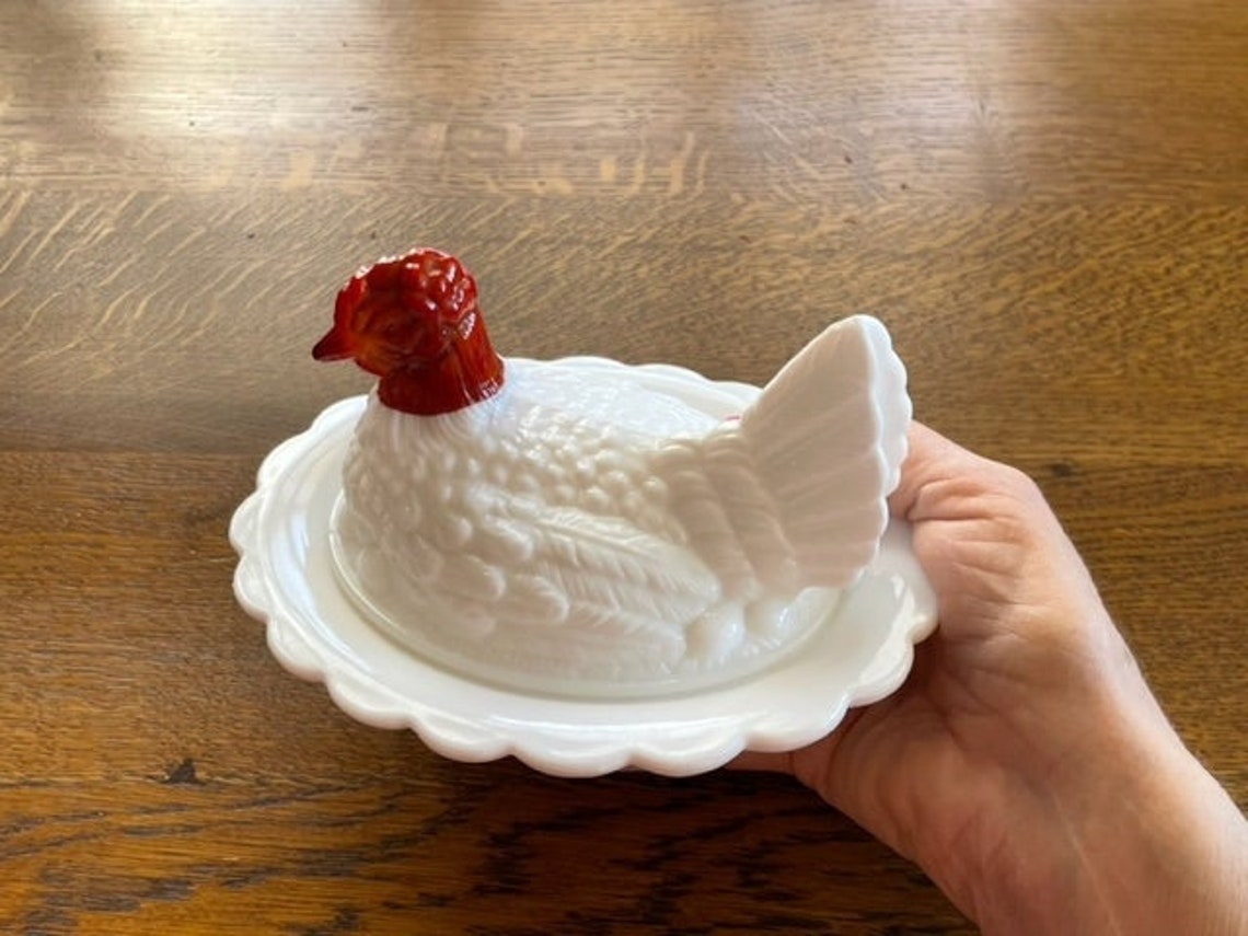 Hen on Nest Dish White Milk Glass Chicken With Red Head - Etsy
