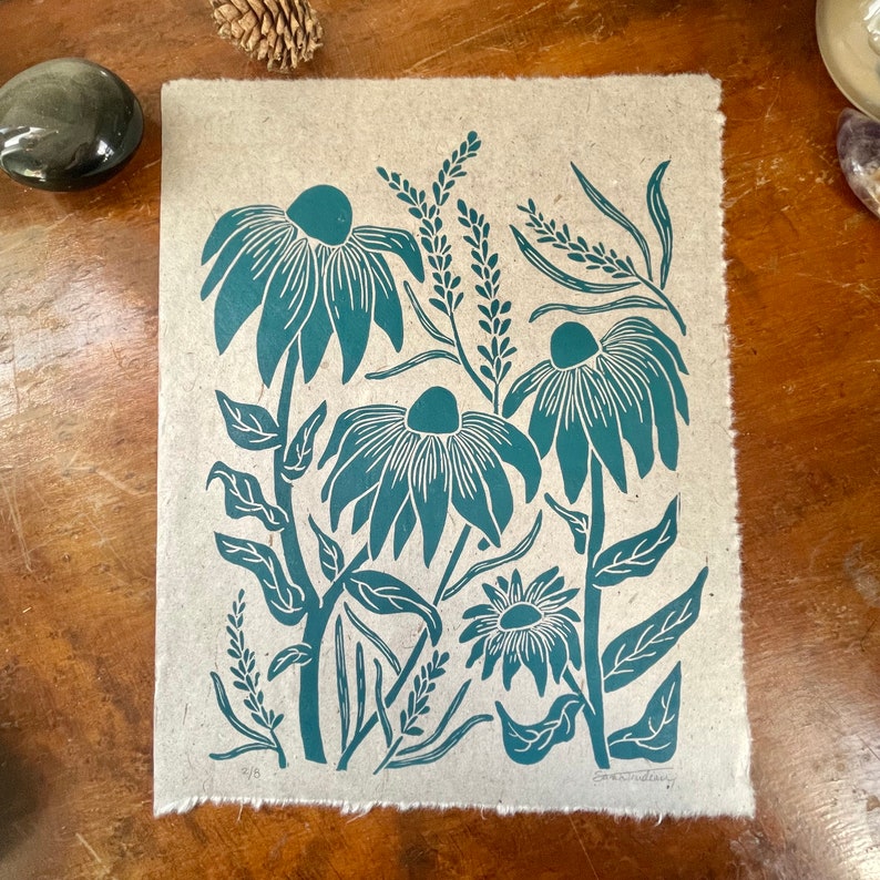 Lea | Original Linocut Print | Floral Wall Art | Hand Printed | in Dark ...