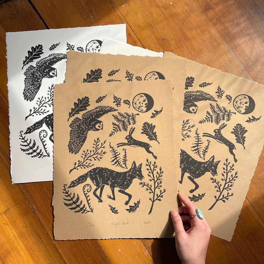 Night Hunt | Original Linocut Print | Block Printed Wall Art | Woodland ...