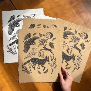 Night Hunt | Original Linocut Print | Block Printed Wall Art | Woodland ...
