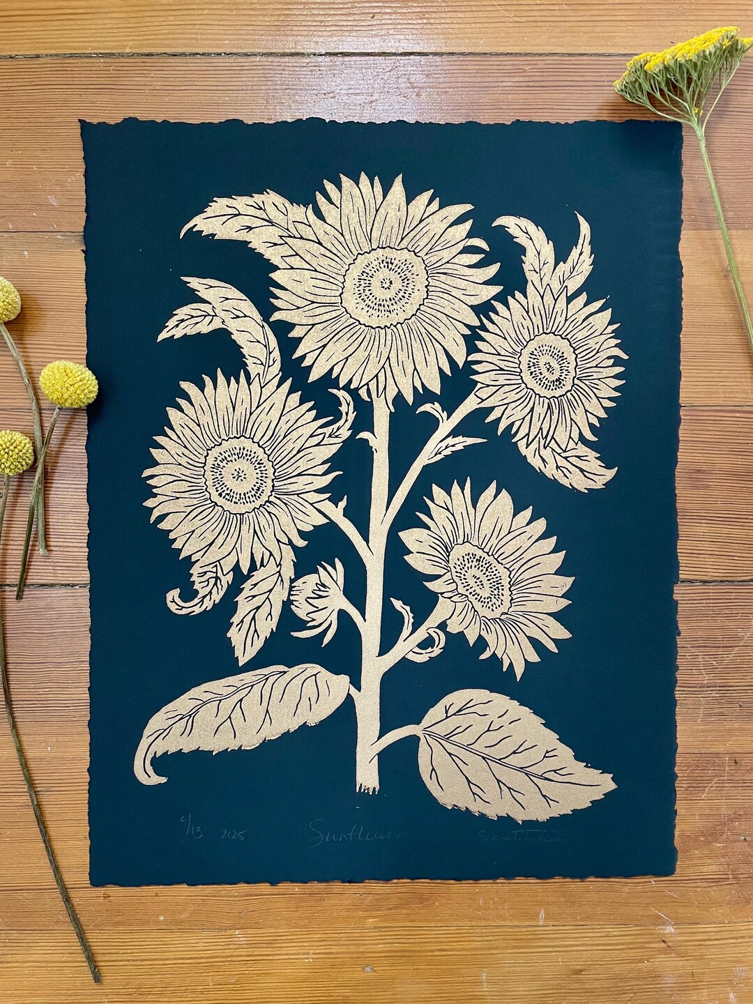 Sunflower | Original Linocut Print | Block Printed Wall Art | Floral ...