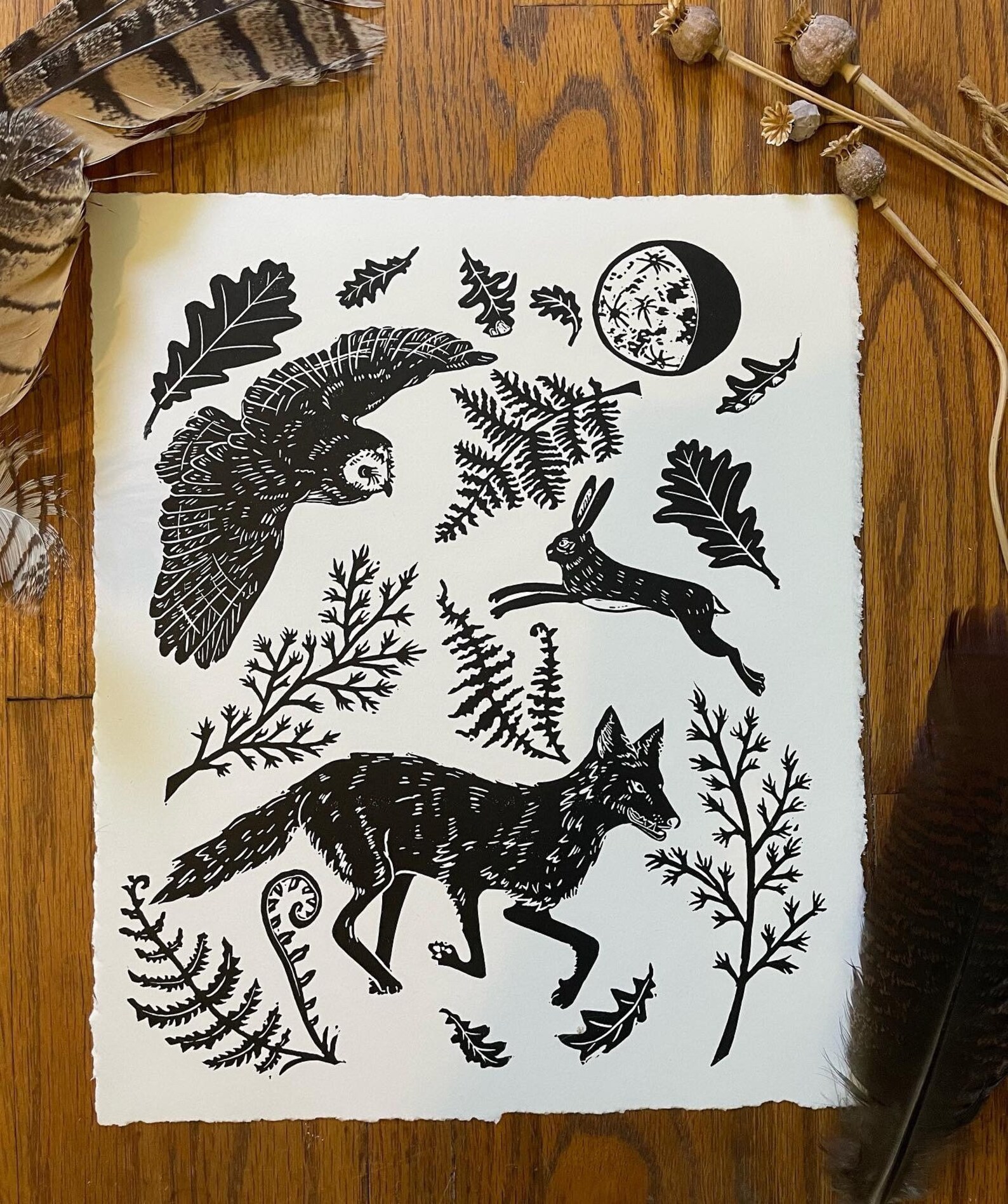 Night Hunt Original Linocut Print. Block Printed Wall Art. - Etsy