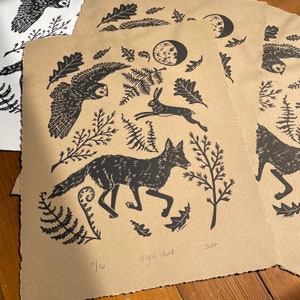 Night Hunt | Original Linocut Print | Block Printed Wall Art | Woodland ...