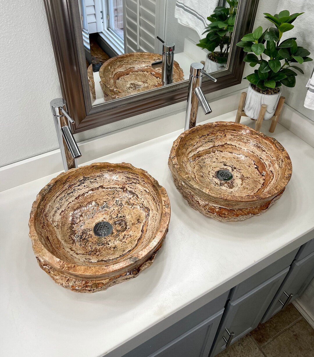 2 Travertine Sinks - Stone Vessel Sinks - Vanity Bathroom Sinks - Stone ...