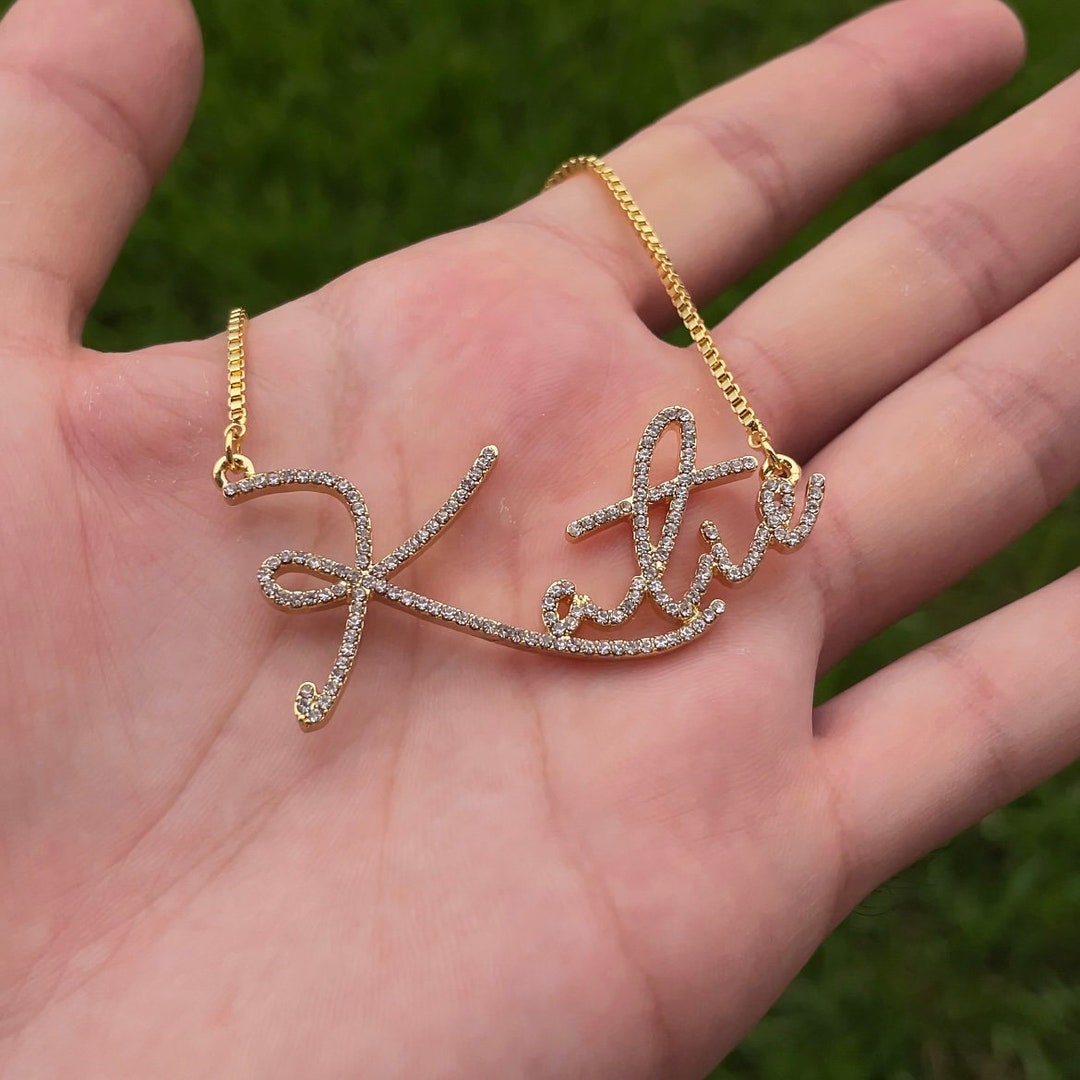 Custom Script Necklace, 18K Gold Plated Handwriting Style Box Chain ...