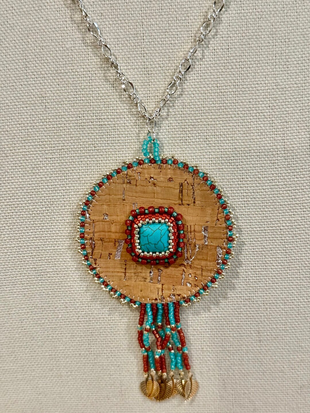 Bead Embroidered Stone on Cork With Tassel Fringe - Etsy