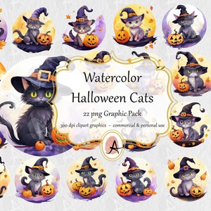 Cute Watercolor Halloween Cat Clipart, Black Kitty Cat and Pumpkin ...