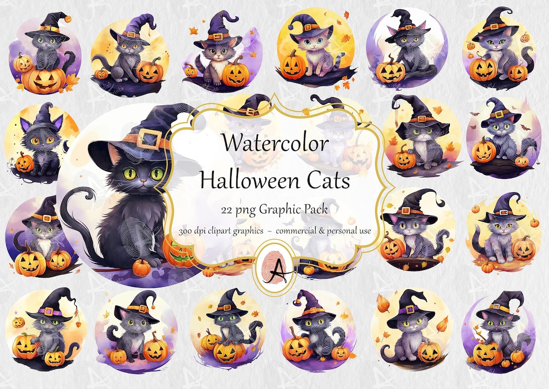 Cute Watercolor Halloween Cat Clipart, Black Kitty Cat and Pumpkin ...