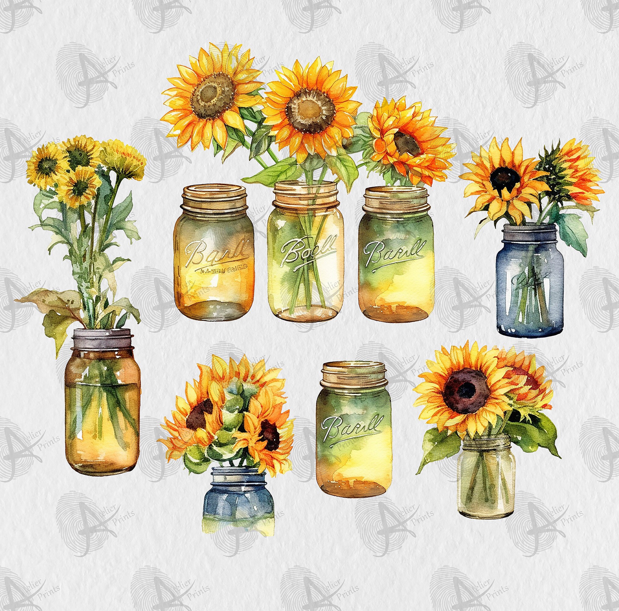 Watercolor Sunflower Clipart, Sunflower Bouquets in Mason Jars ...