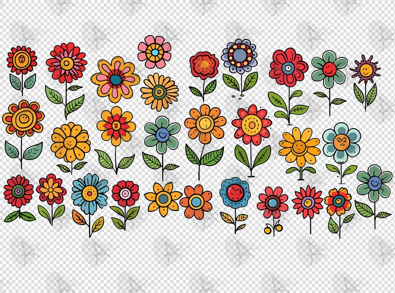 Retro Flower Doodle Clipart, Bright Colorful Playful Flower ...