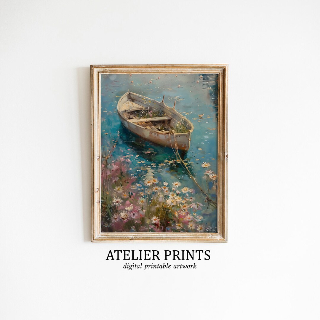 Floral Lake Boat Vintage Art Print | Cottagecore Oil Painting (digital ...
