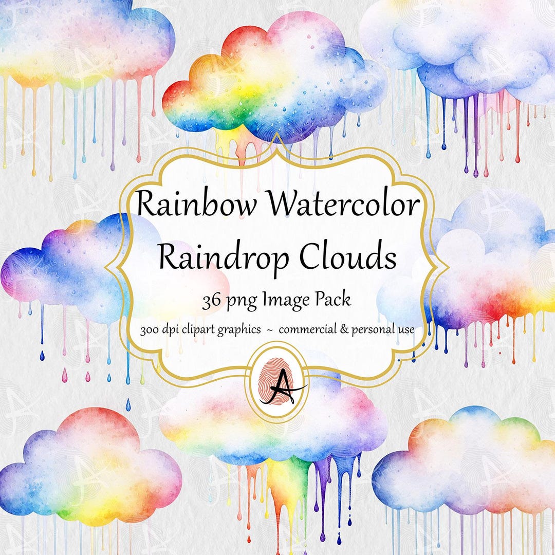 Watercolor Rainbow Clouds Clipart, Clouds With Rain Drops, Watercolor ...