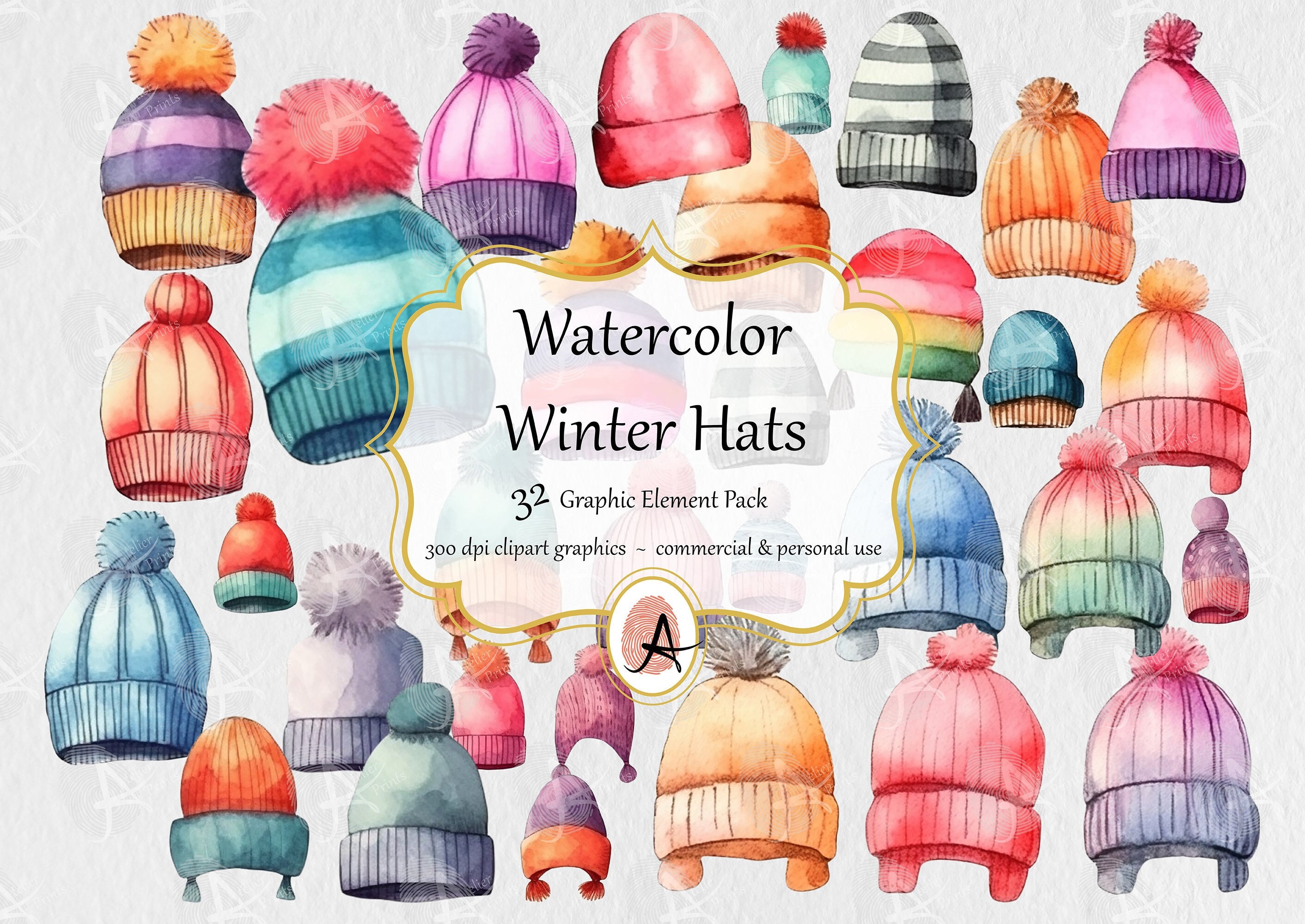 Watercolor Winter Hats Clipart, Colorful Warm Knit Hat Illustration ...