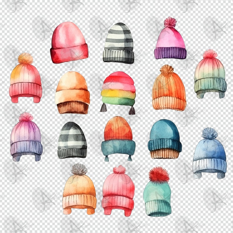 Watercolor Winter Hats Clipart, Colorful Warm Knit Hat Illustration ...