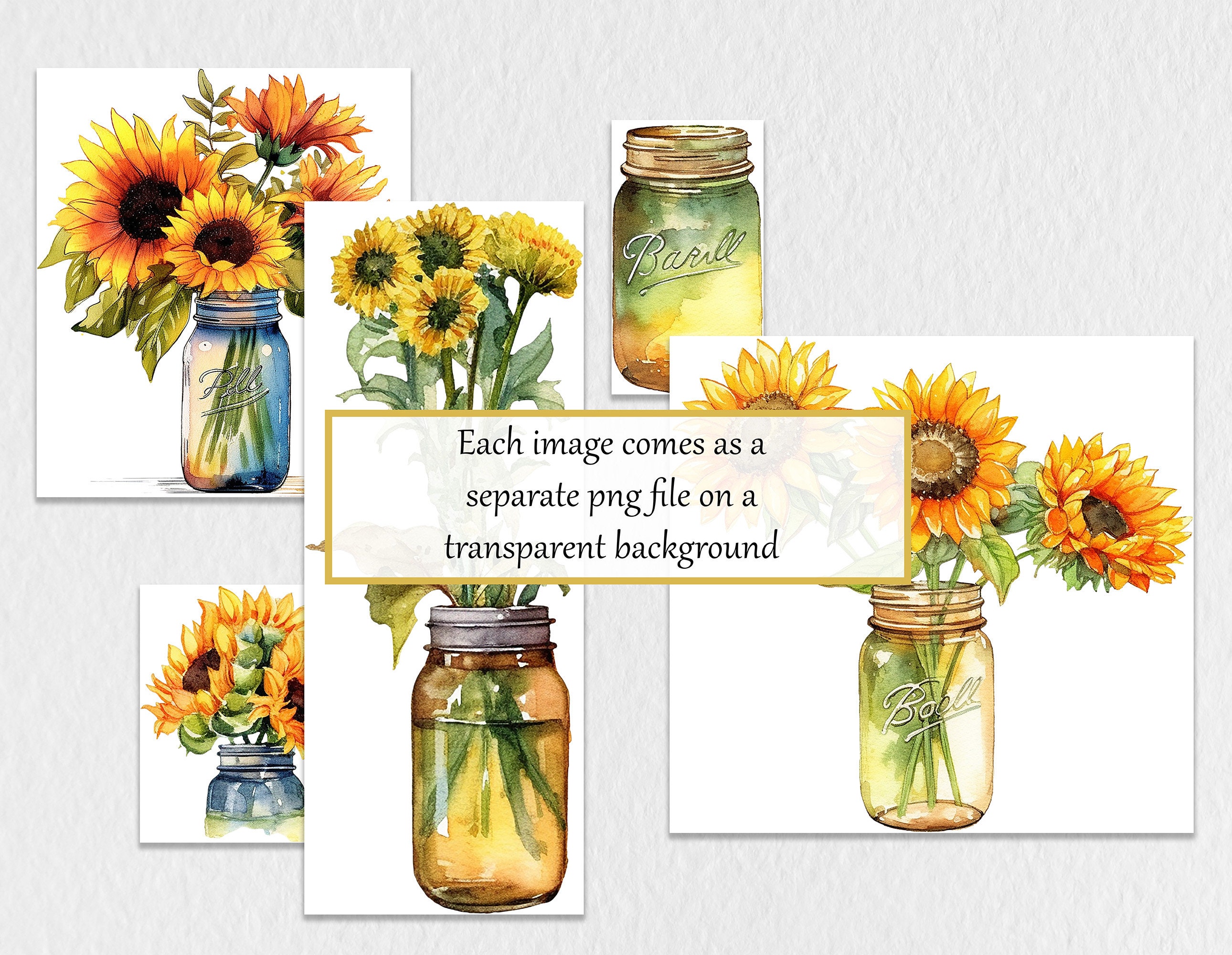 Watercolor Sunflower Clipart, Sunflower Bouquets in Mason Jars ...