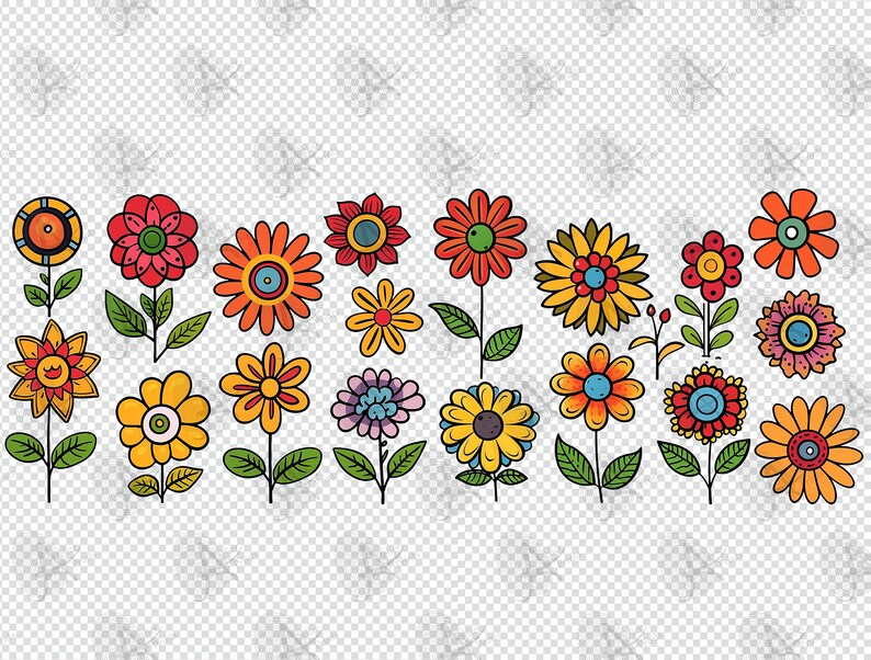 Retro Flower Doodle Clipart, Bright Colorful Playful Flower ...