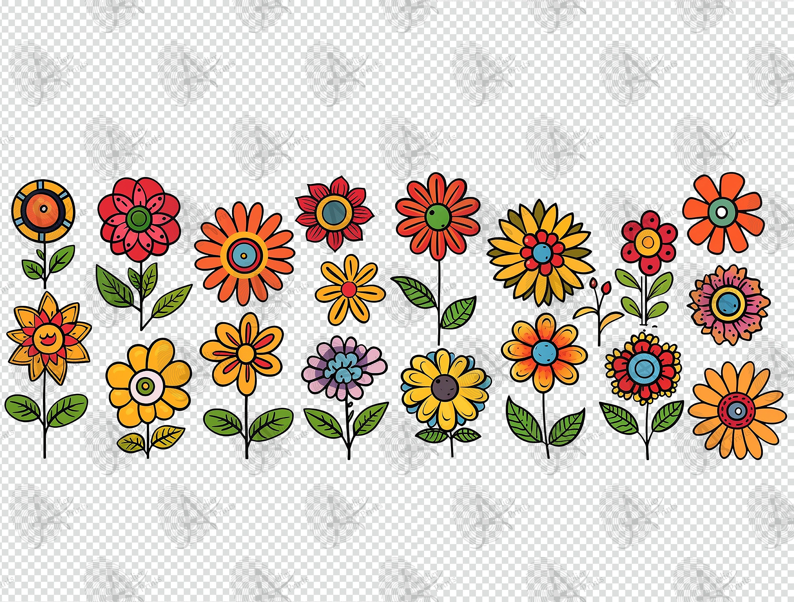 Retro Flower Doodle Clipart, Bright Colorful Playful Flower ...
