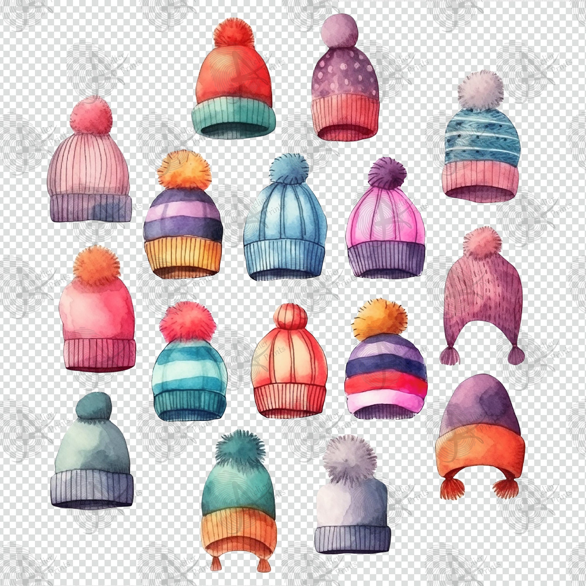 Watercolor Winter Hats Clipart, Colorful Warm Knit Hat Illustration ...