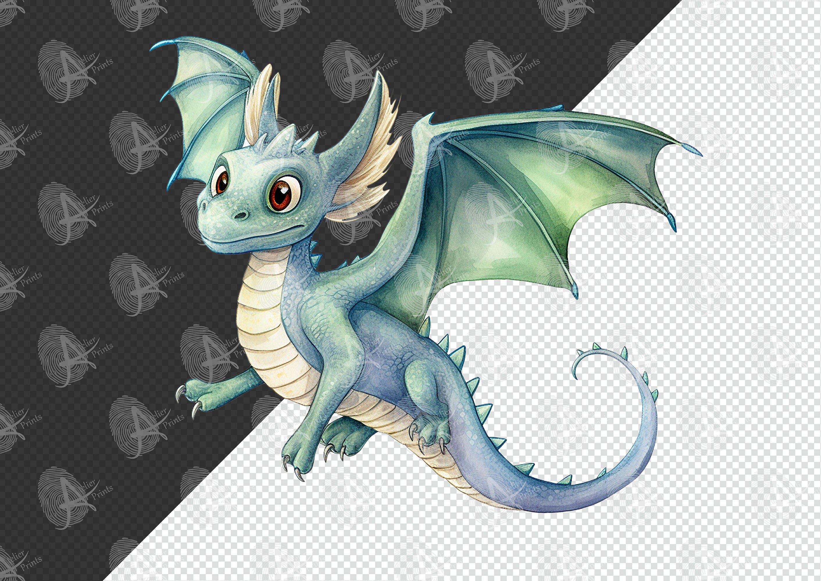 Cute Flying Dragon Watercolor Clipart - Fantasy Dragon Set in PNG ...