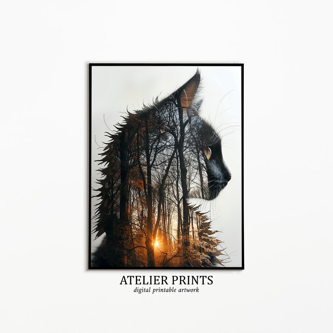 Double Exposure Cat and Forest Photo Print | Cat Art | Black and White ...