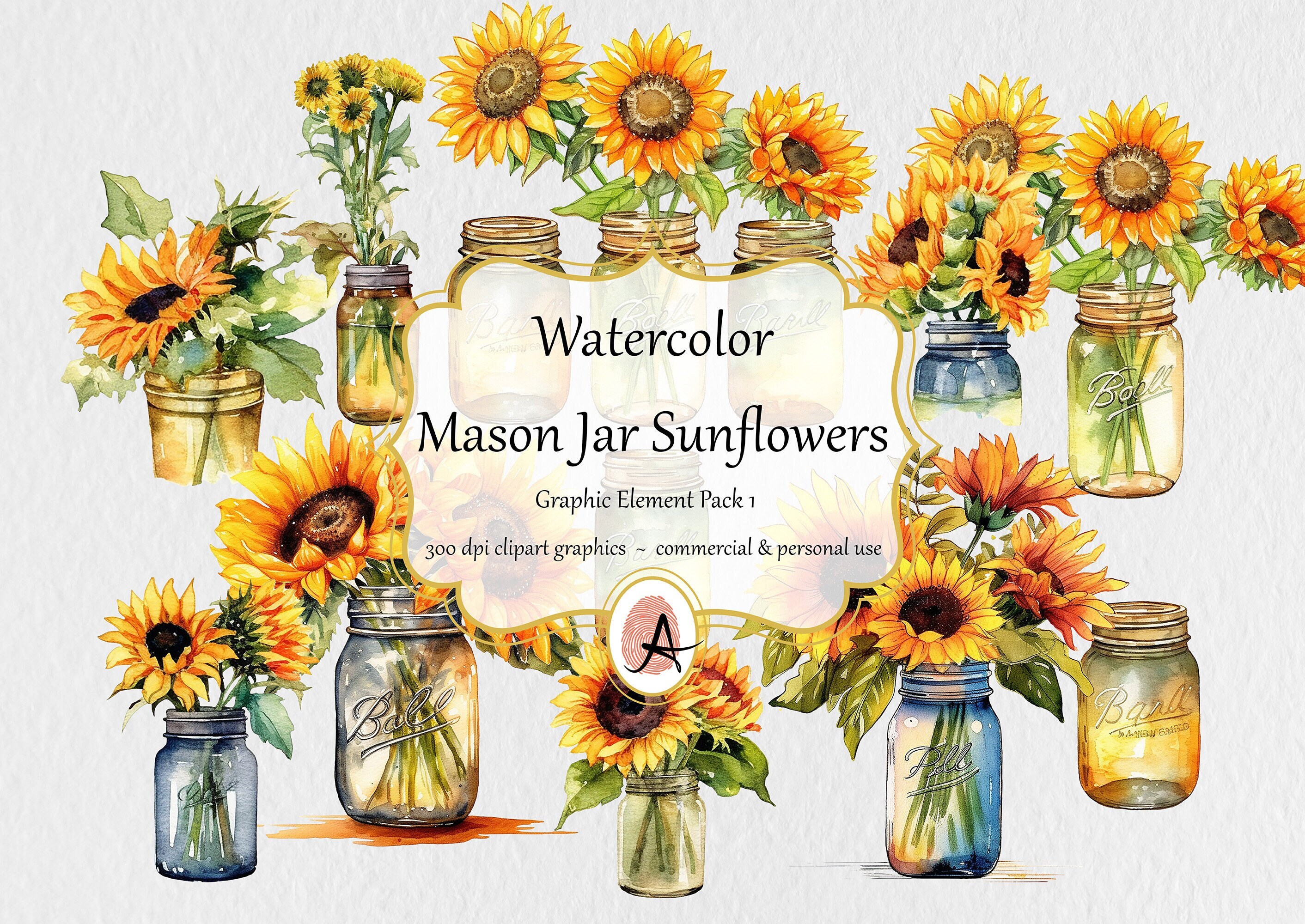 Watercolor Sunflower Clipart, Sunflower Bouquets in Mason Jars ...