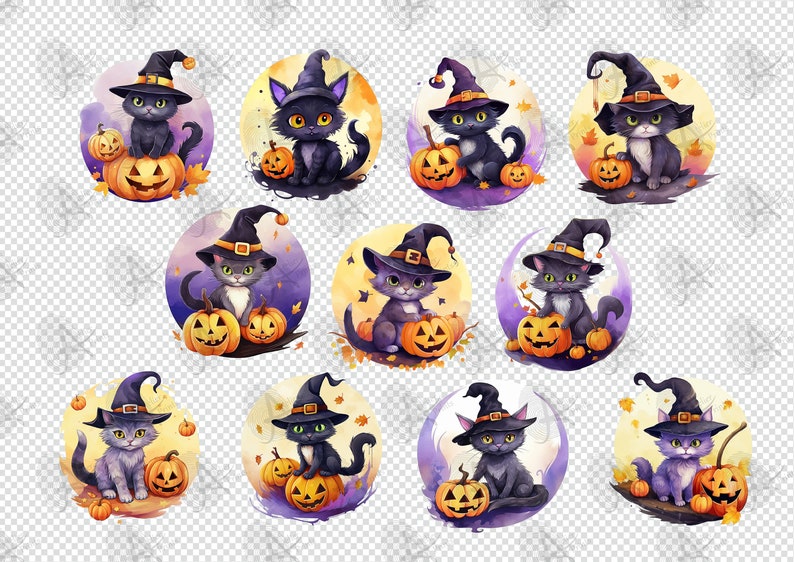 Cute Watercolor Halloween Cat Clipart, Black Kitty Cat and Pumpkin ...