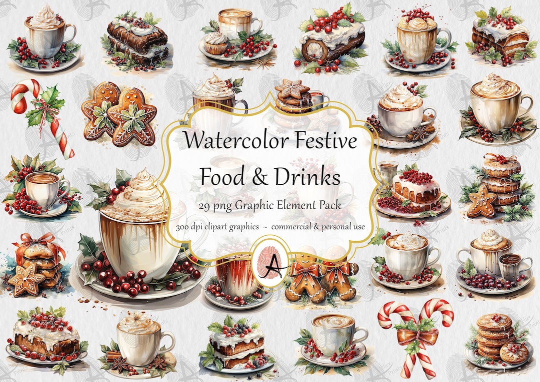 Watercolor Festive Food & Drink Clipart, Decorative Christmas Food ...