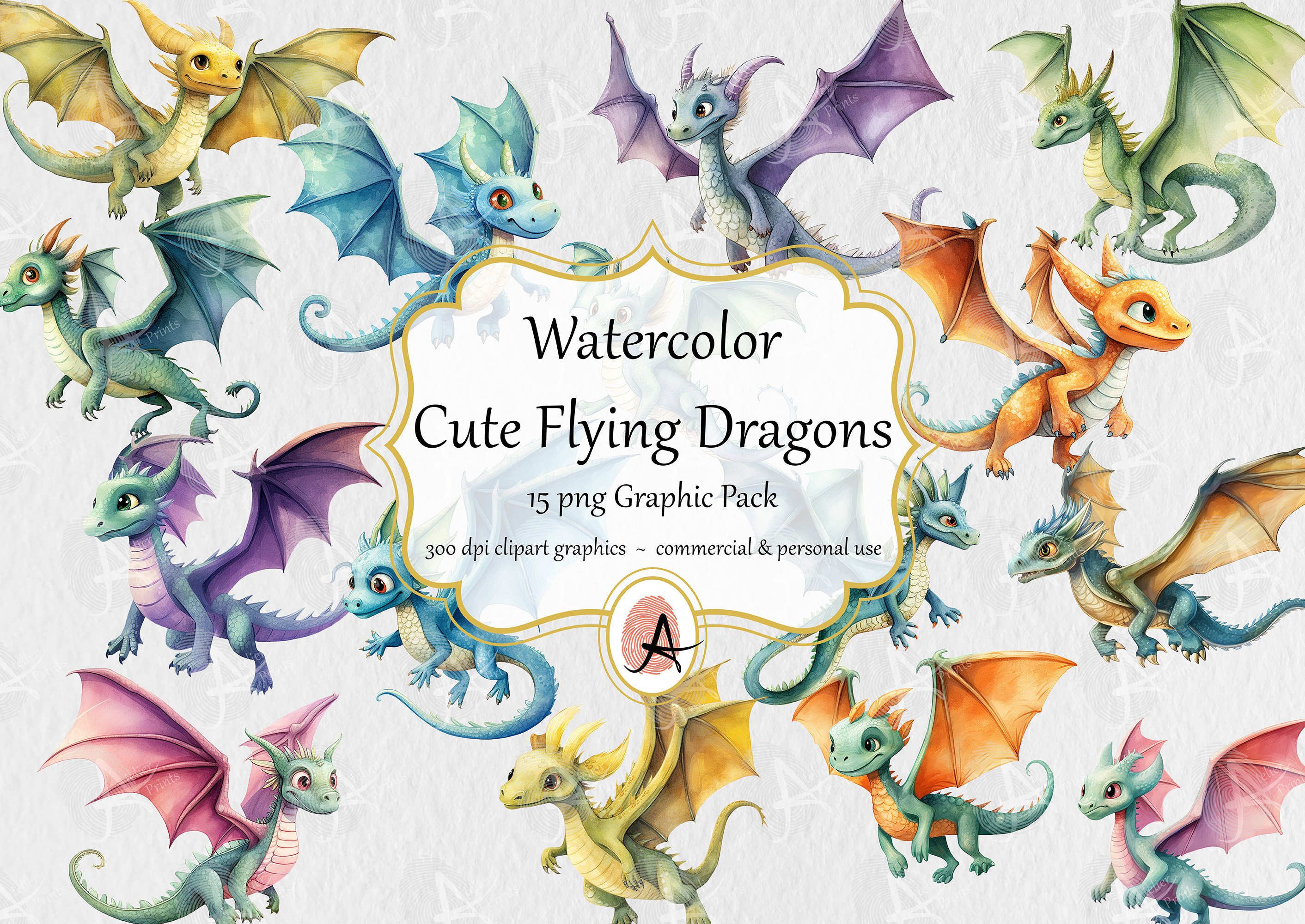 Cute Flying Dragon Watercolor Clipart - Fantasy Dragon Set in PNG ...