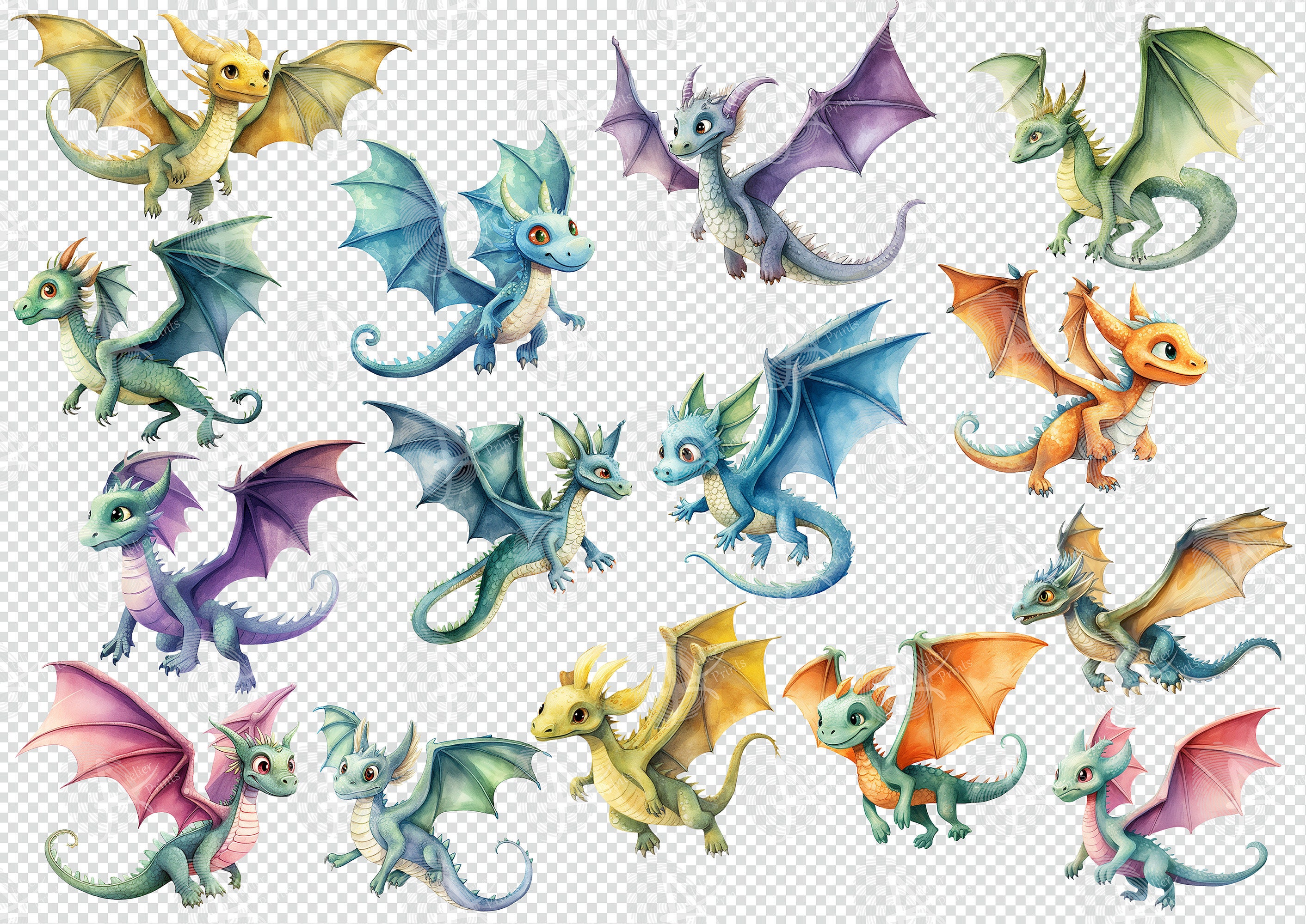 Cute Flying Dragon Watercolor Clipart - Fantasy Dragon Set in PNG ...
