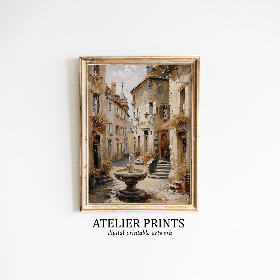 Muted Water Fountain Vintage Oil Print | Scenic Wall Decor ...